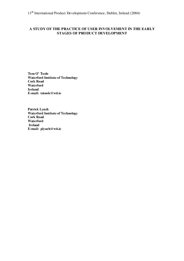 (PDF) A STUDY OF THE PRACTICE OF USER INVOLVEMENT IN THE EARLY STAGES ...