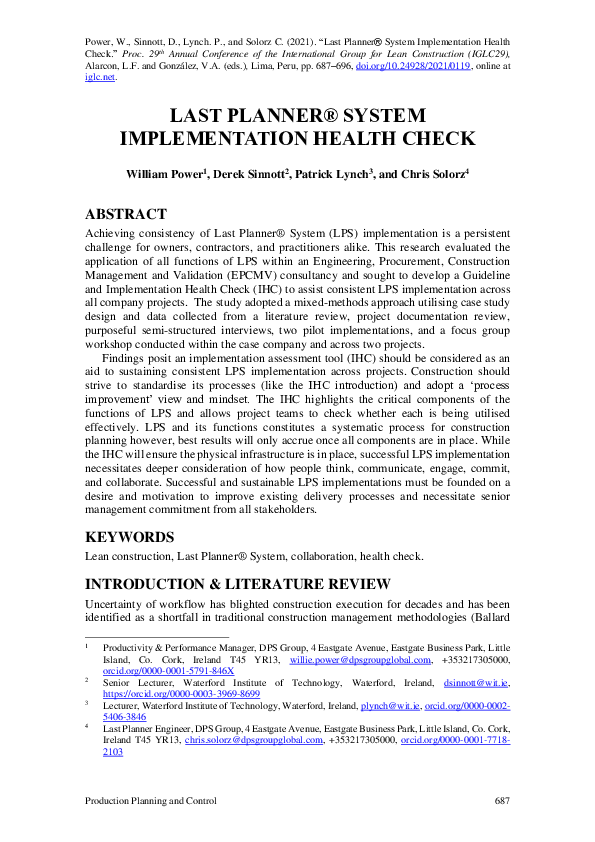 (PDF) Last Planner® System Implementation Health Check