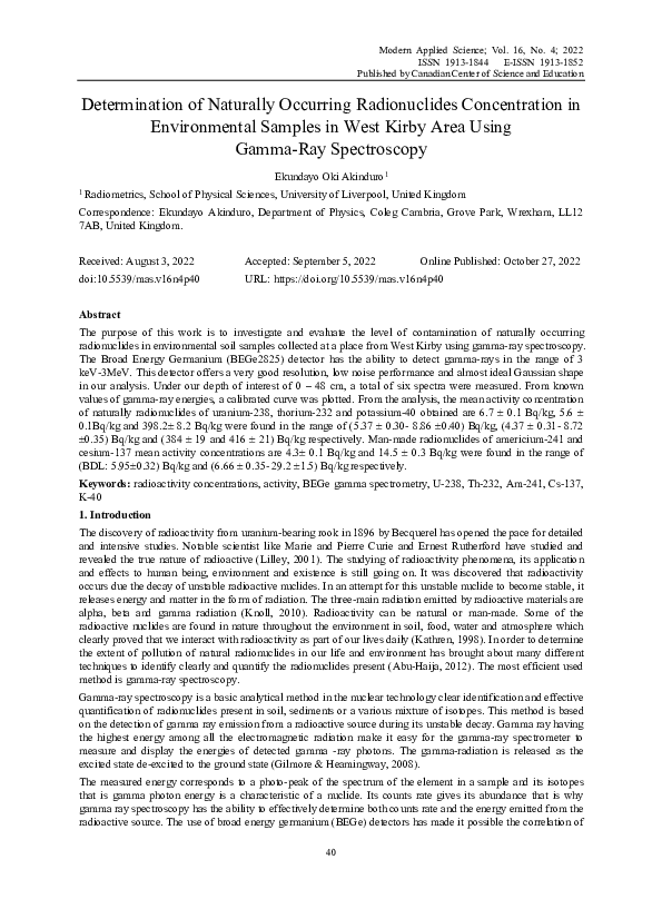 Pdf Determination Of Naturally Occurring Radionuclides Concentration