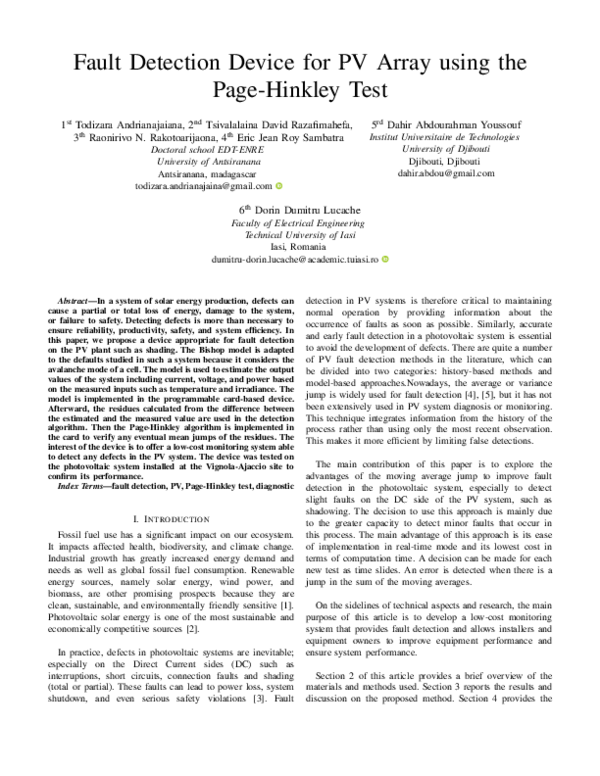 Pdf Fault Detection Device For Pv Array Using The Page Hinkley Test