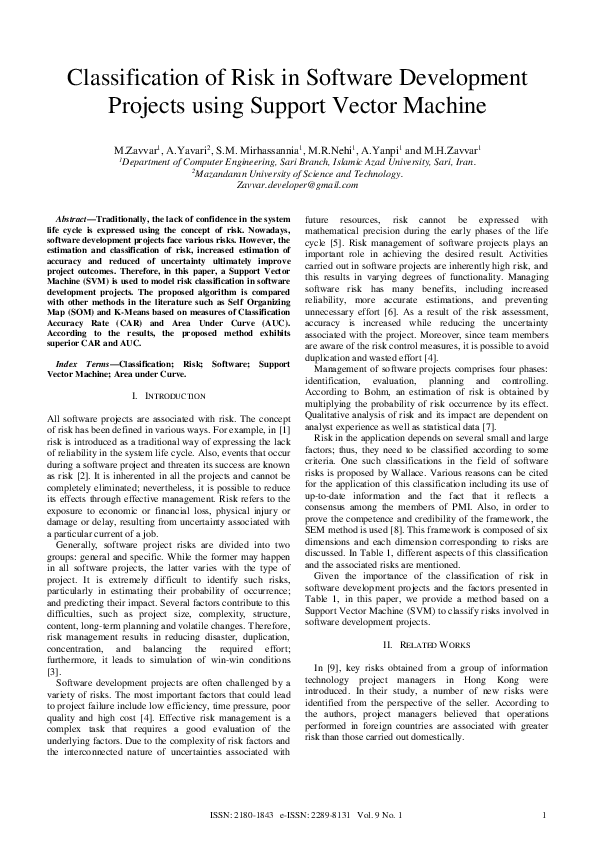 Pdf Classification Of Risk In Software Development Projects Using Support Vector Machine