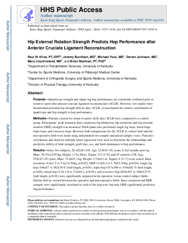 (PDF) Hip external rotation strength predicts hop performance after ...