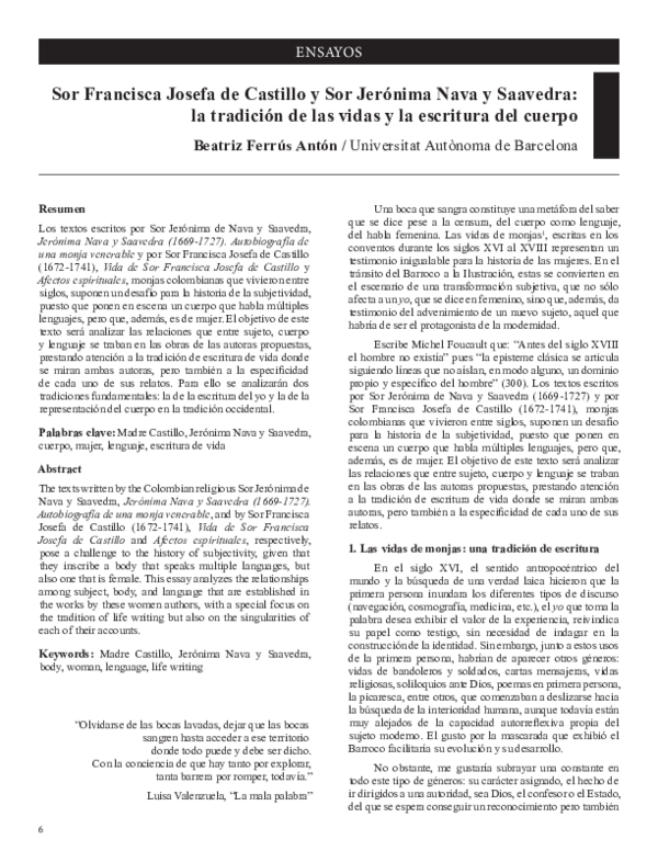 (PDF) Sor Francisca Josefa de Castillo y Sor Jerónima Navas Saavedra: la tradición de las vidas ...