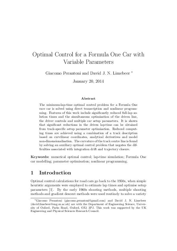 (PDF) Optimal control for a Formula One car with variable parameters