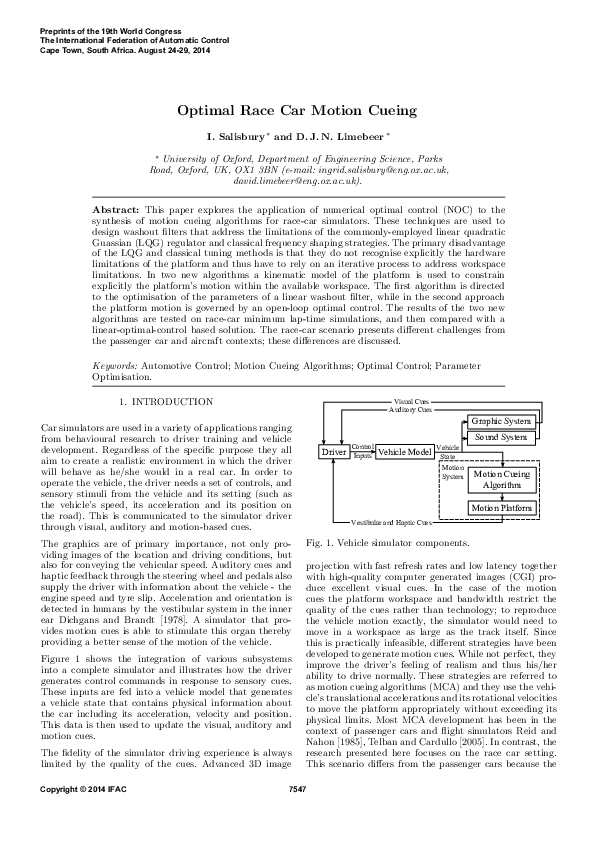 (PDF) Optimal Race Car Motion Cueing