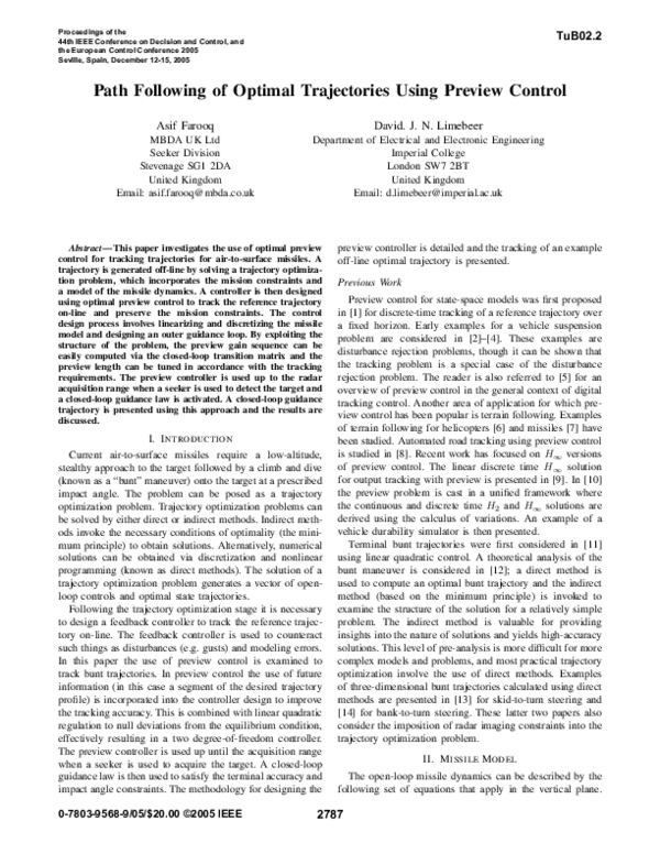 Pdf Path Following Of Optimal Trajectories Using Preview Control