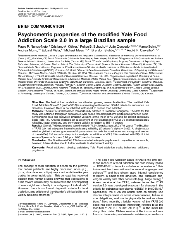 (PDF) Psychometric properties of the modified Yale Food Addiction Scale ...