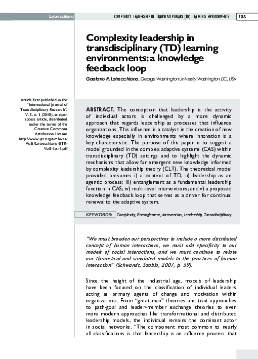 (PDF) Complexity leadership in transdisciplinary (TD) learning environments: A knowledge ...