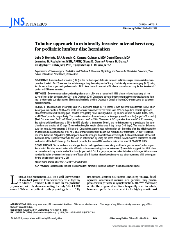 (PDF) Tubular approach to minimally invasive microdiscectomy for ...