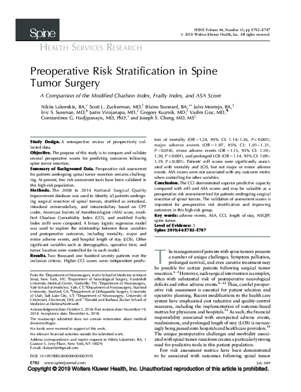 (PDF) Preoperative Risk Stratification in Spine Tumor Surgery