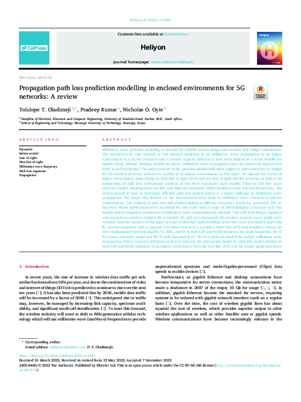 Pdf Propagation Path Loss Prediction Modelling In Enclosed Environments For 5g Networks A Review