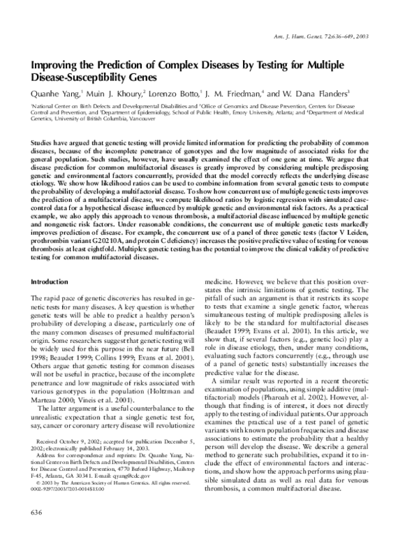 (PDF) Improving the Prediction of Complex Diseases by Testing for ...