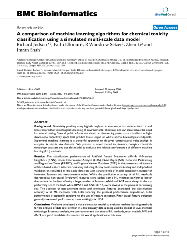 (PDF) A comparison of machine learning algorithms for chemical toxicity classification using a ...