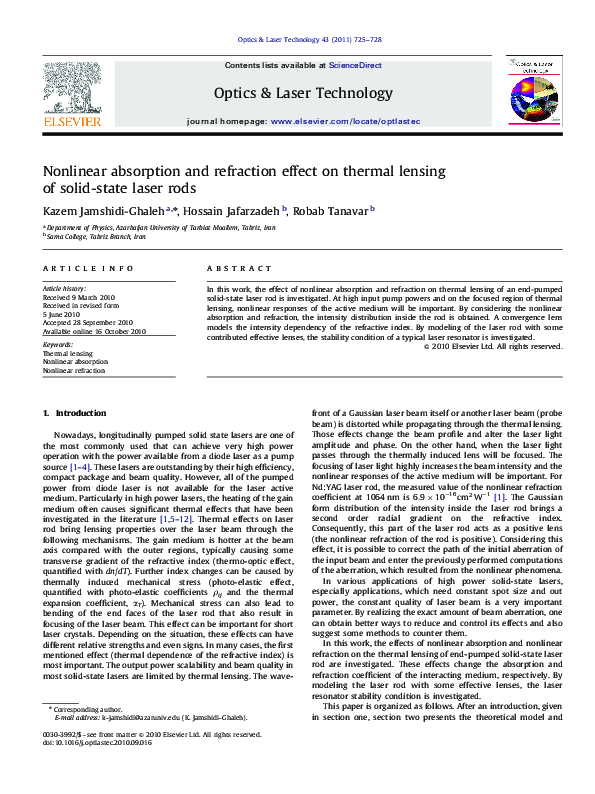(PDF) Nonlinear absorption and refraction effect on thermal lensing of solid-state laserrods