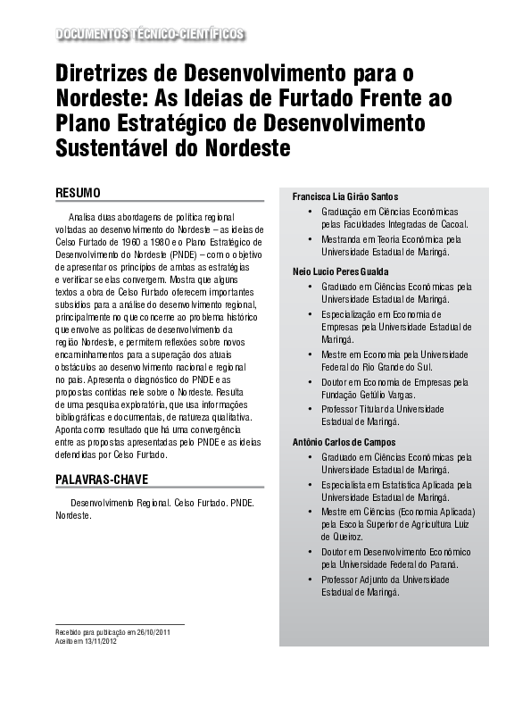 (PDF) Diretrizes de desenvolvimento para o Nordeste: as ideias de ...