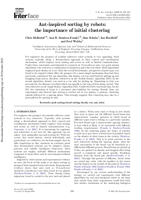 Pdf Ant Inspired Sorting By Robots The Importance Of Initial 8458