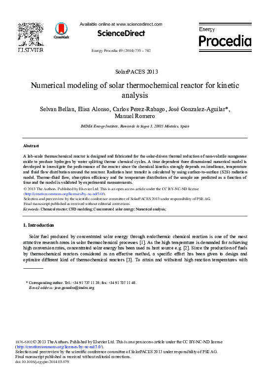 (PDF) Numerical Modeling of Solar Thermochemical Reactor for Kinetic Analysis