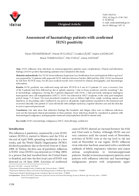 (PDF) Assessment of haematology patients with confirmed H1N1 positivity