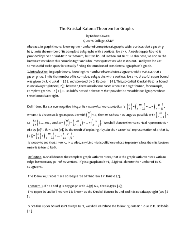 (PDF) The Kruskal-Katona Theorem for Graphs