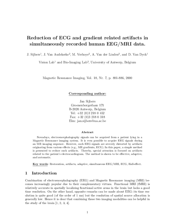 (PDF) Reduction of ECG and gradient related artifacts in simultaneously recorded human EEG/MRI data