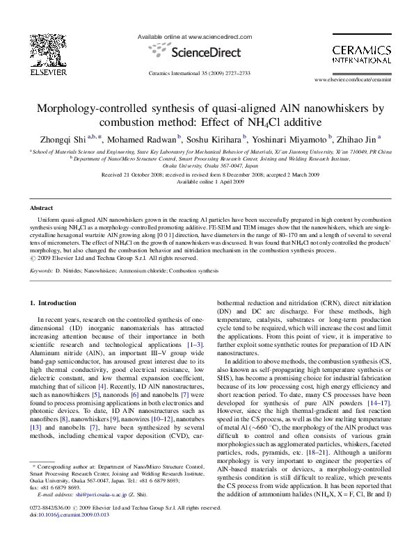 (PDF) Morphology-controlled synthesis of quasi-aligned AlN nanowhiskers by combustion method ...