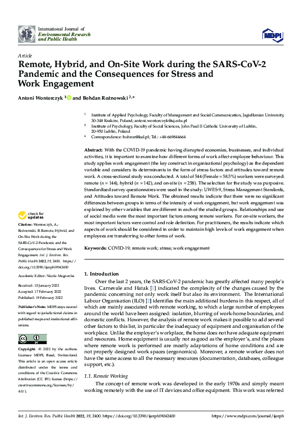 (PDF) Remote, Hybrid, and On-Site Work during the SARS-CoV-2 Pandemic ...