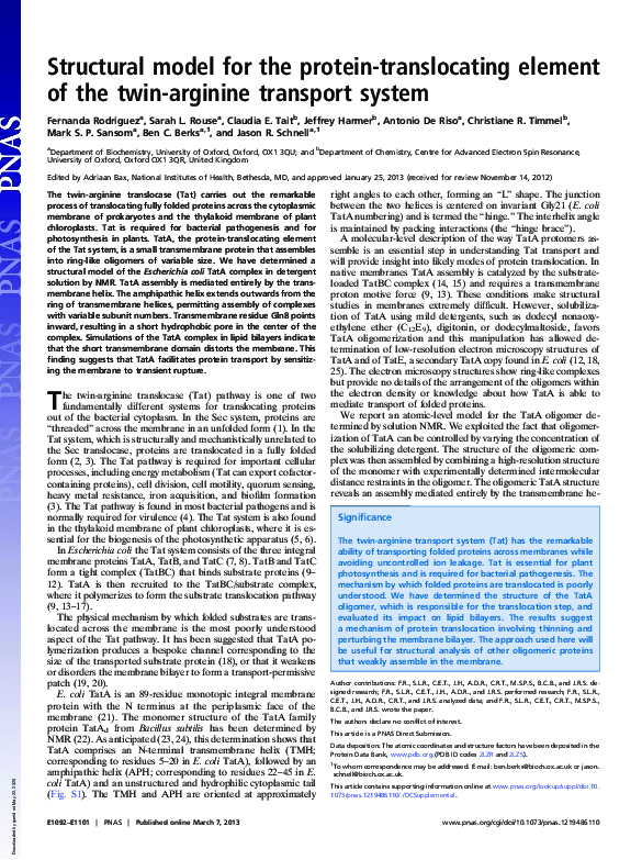 (PDF) Structural model for the protein-translocating element of the twin-arginine transport system
