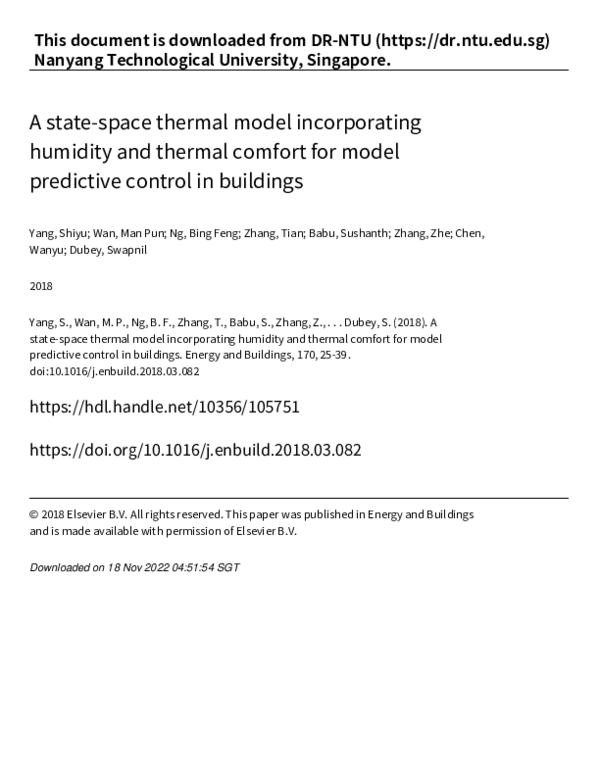 Pdf A State Space Thermal Model Incorporating Humidity And Thermal Comfort For Model