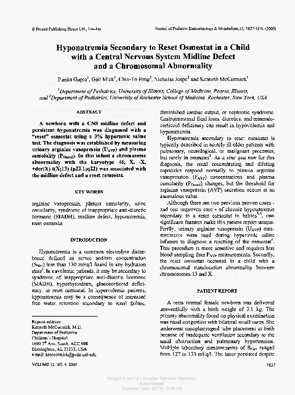 (PDF) Hyponatremia Secondary to Reset Osmostat in a Child with a ...