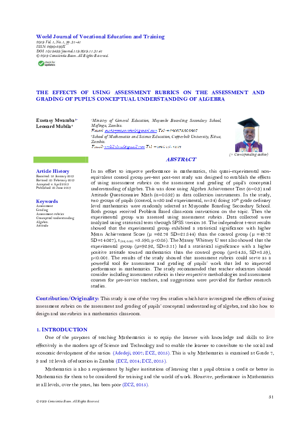 (PDF) THE EFFECTS OF USING ASSESSMENT RUBRICS ON THE ASSESSMENT AND GRADING OF PUPIL'S ...