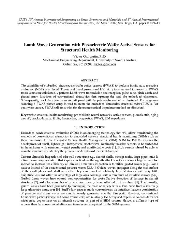 Pdf Lamb Wave Generation With Piezoelectric Wafer Active Sensors For Structural Health Monitoring