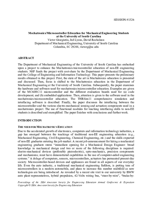 (PDF) SESSION #1526 Mechatronics/Microcontroller Education for Mechanical Engineering Students ...
