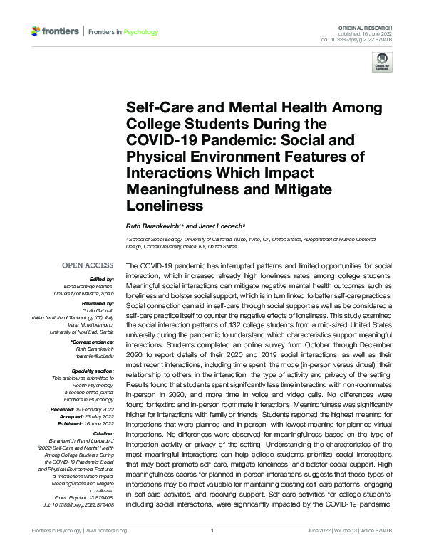 (PDF) Self-Care and Mental Health Among College Students During the ...