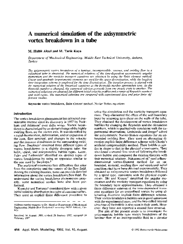 (PDF) A numerical simulation of the axisymmetric vortex breakdown in a tube