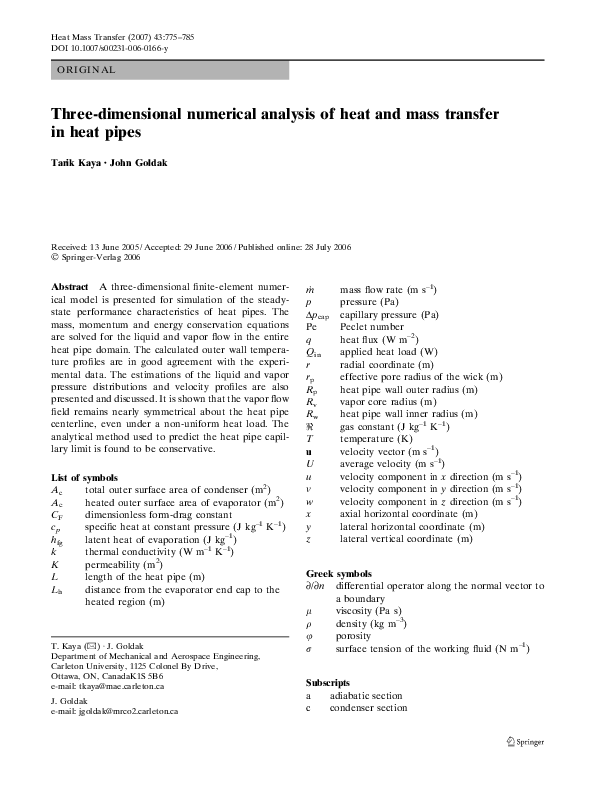 (PDF) Three-dimensional numerical analysis of heat and mass transfer in heat pipes