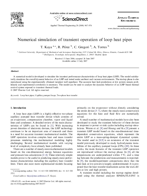 (PDF) Numerical simulation of transient operation of loop heat pipes