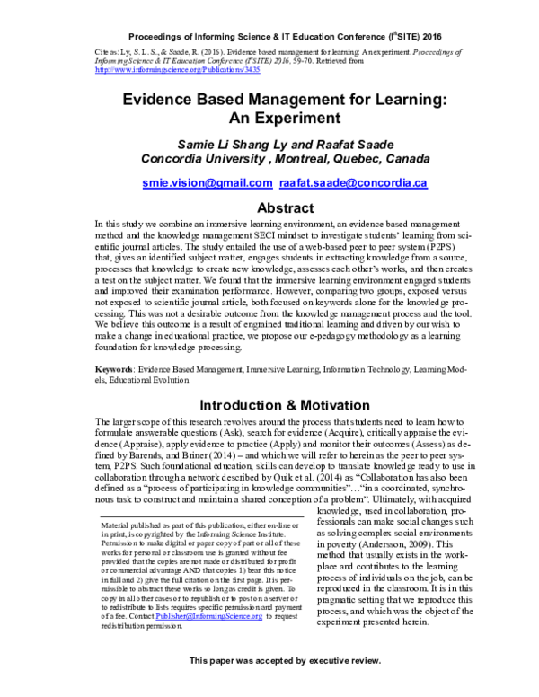 (PDF) Evidence Based Management for Learning: An Experiment
