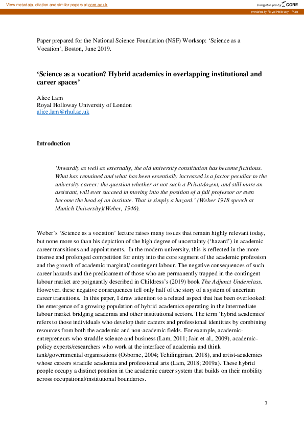 (PDF) Science as a vocation? Hybrid academics in overlapping ...