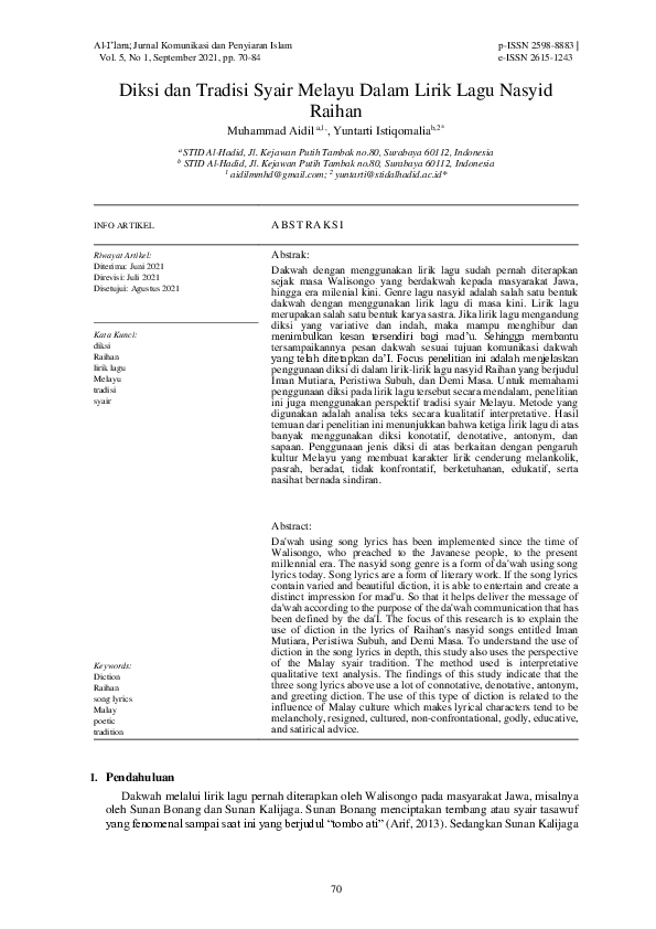 (PDF) Diksi dan Tradisi Syair Melayu Dalam Lirik Lagu Nasyid Raihan