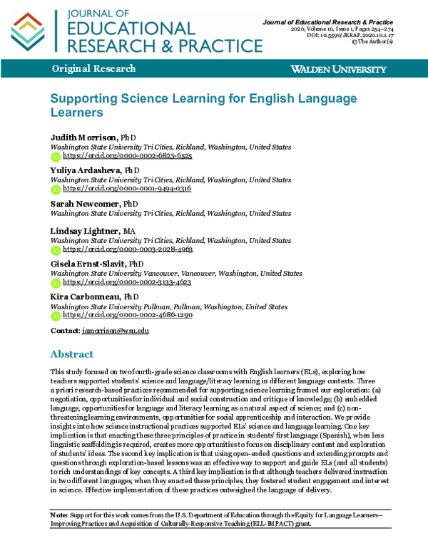 (PDF) Supporting Science Learning For English Language Learners ...