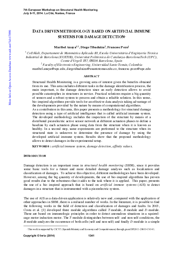 (PDF) Data Driven Methodology Based on Artificial Immune Systems for Damage Detection