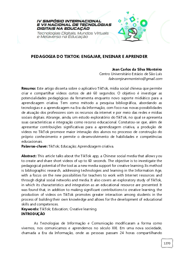 (PDF) Pedagogia do TikTok: engajar, ensinar e aprender