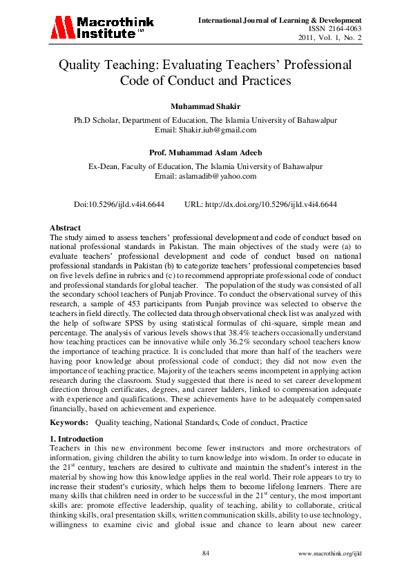 (PDF) Quality Teaching: Evaluating Teachers’ Professional Code of ...