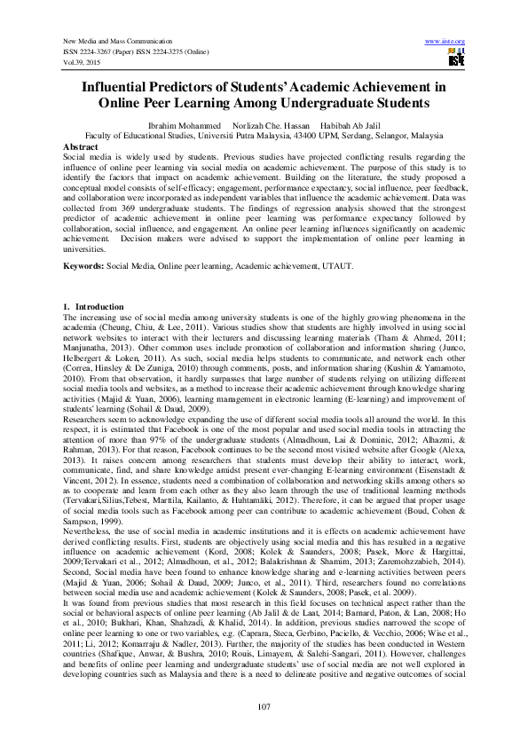 (PDF) Influential Predictors of Students' Academic Achievement in Online Peer Learning Among ...