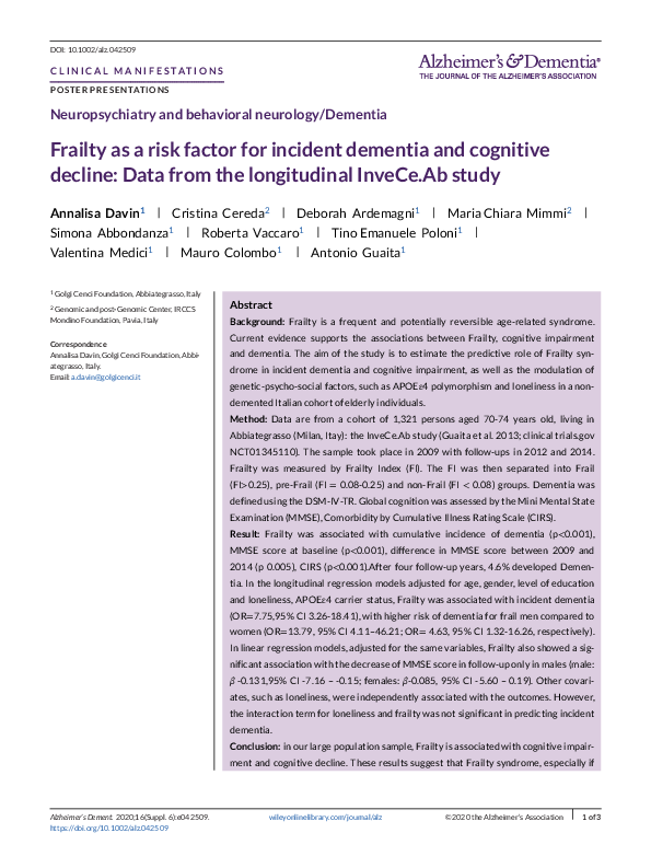 (PDF) Frailty as a risk factor for incident dementia and cognitive ...