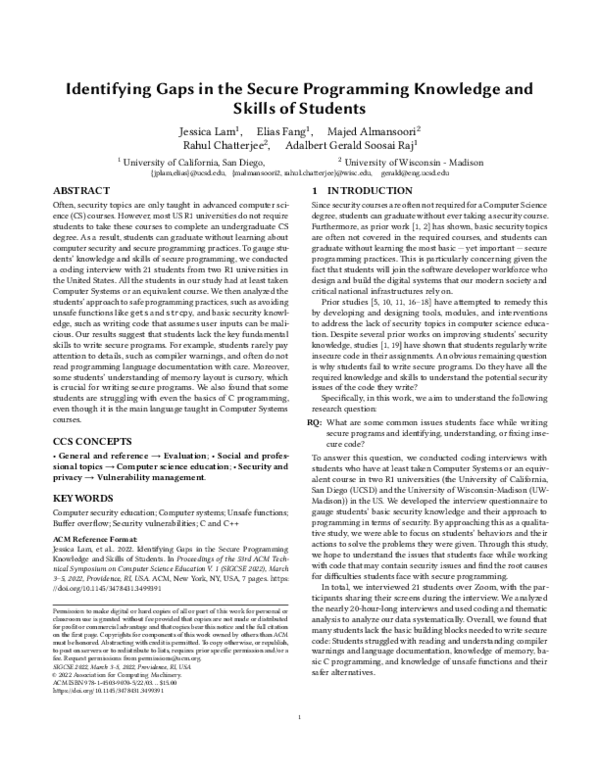 (PDF) Identifying Gaps in the Secure Programming Knowledge and Skills of Students