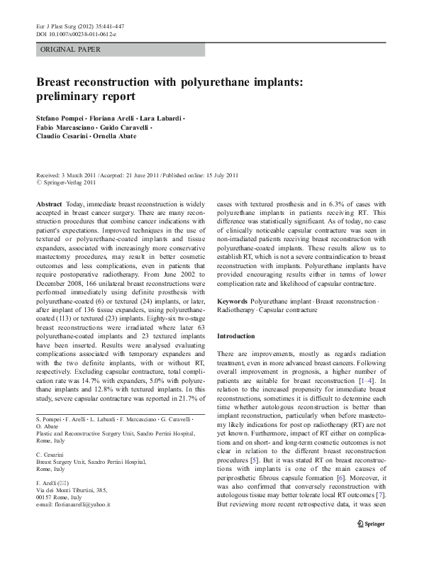 (PDF) Breast reconstruction with polyurethane implants: preliminary report