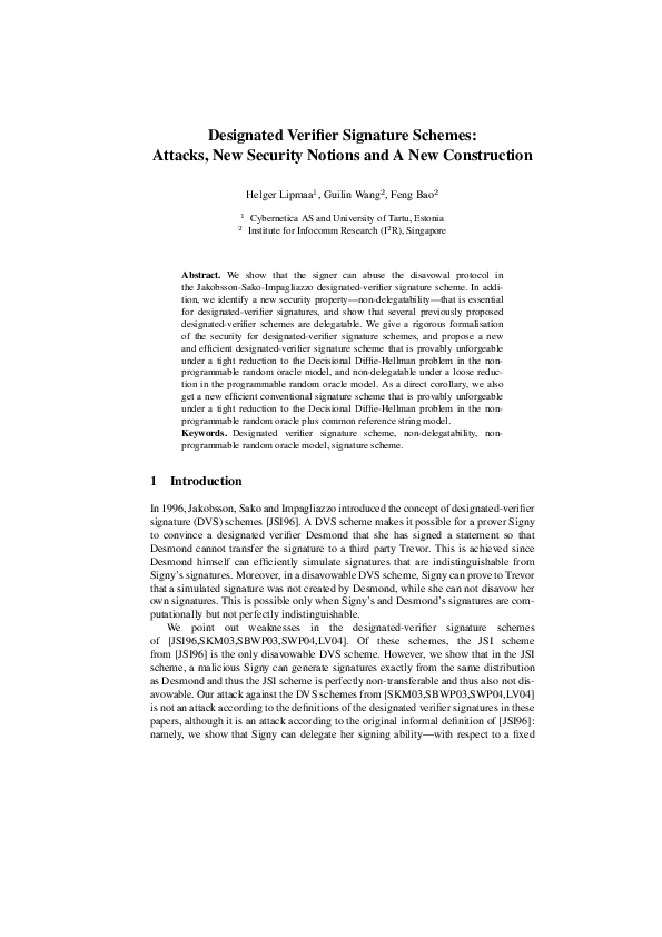 Pdf Designated Verifier Signature Schemes Attacks New Security