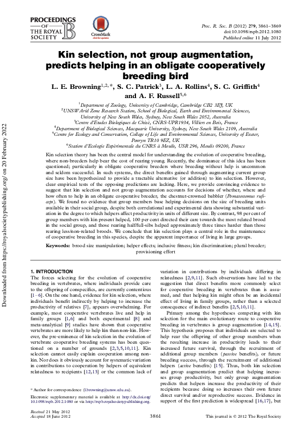 (PDF) Kin selection, not group augmentation, predicts helping in an ...
