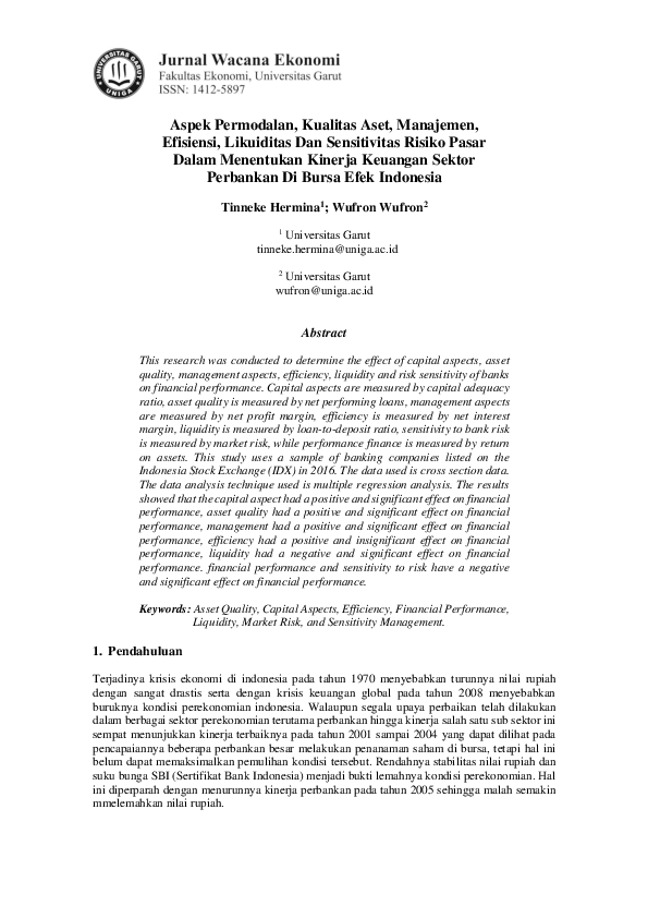 (PDF) Aspek Permodalan, Kualitas Aset, Manajemen, Efisiensi, Likuiditas dan Sensitivitas Risiko ...